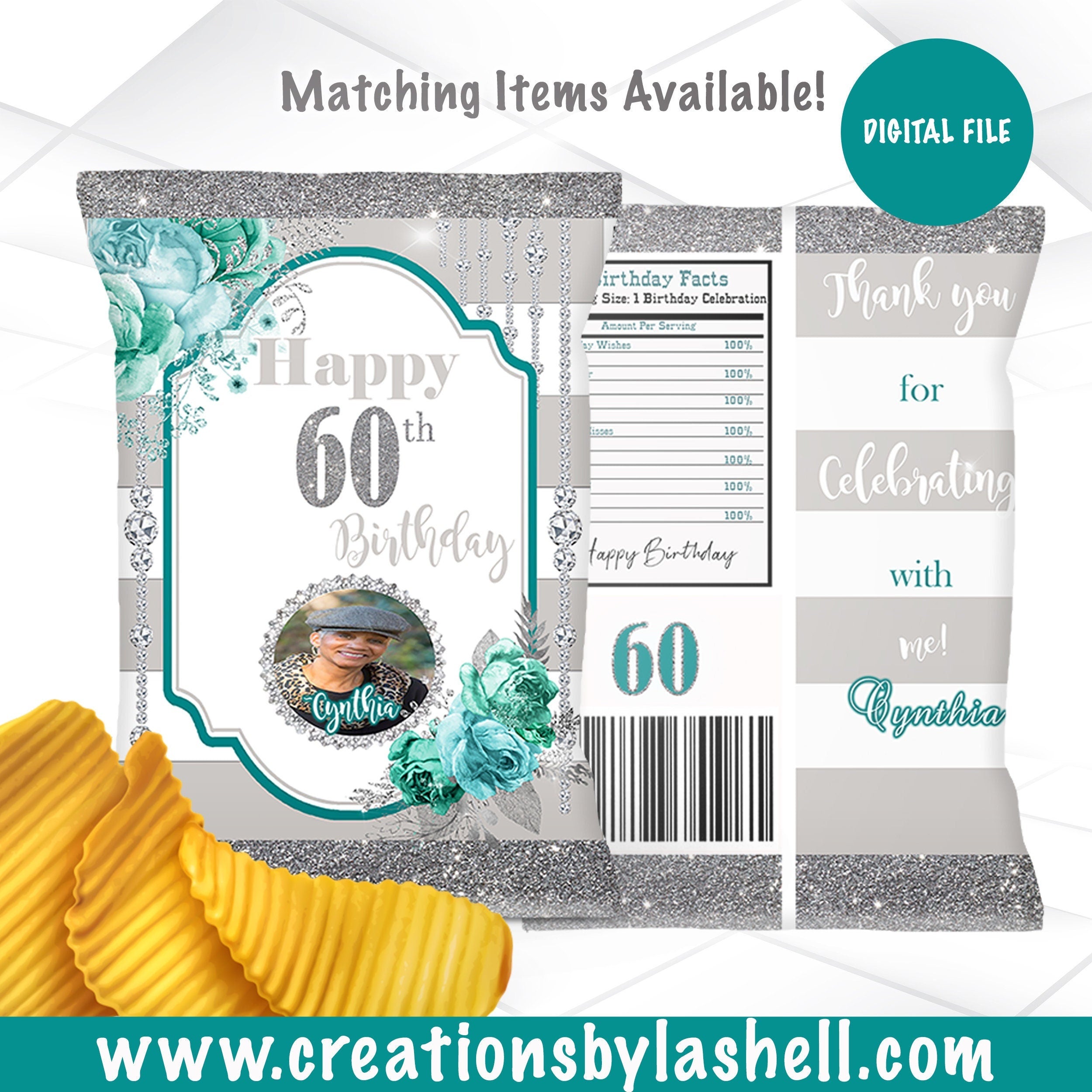 Birthday Chip Bag Printable | Teal and Silver Chip Bags Digital File ...