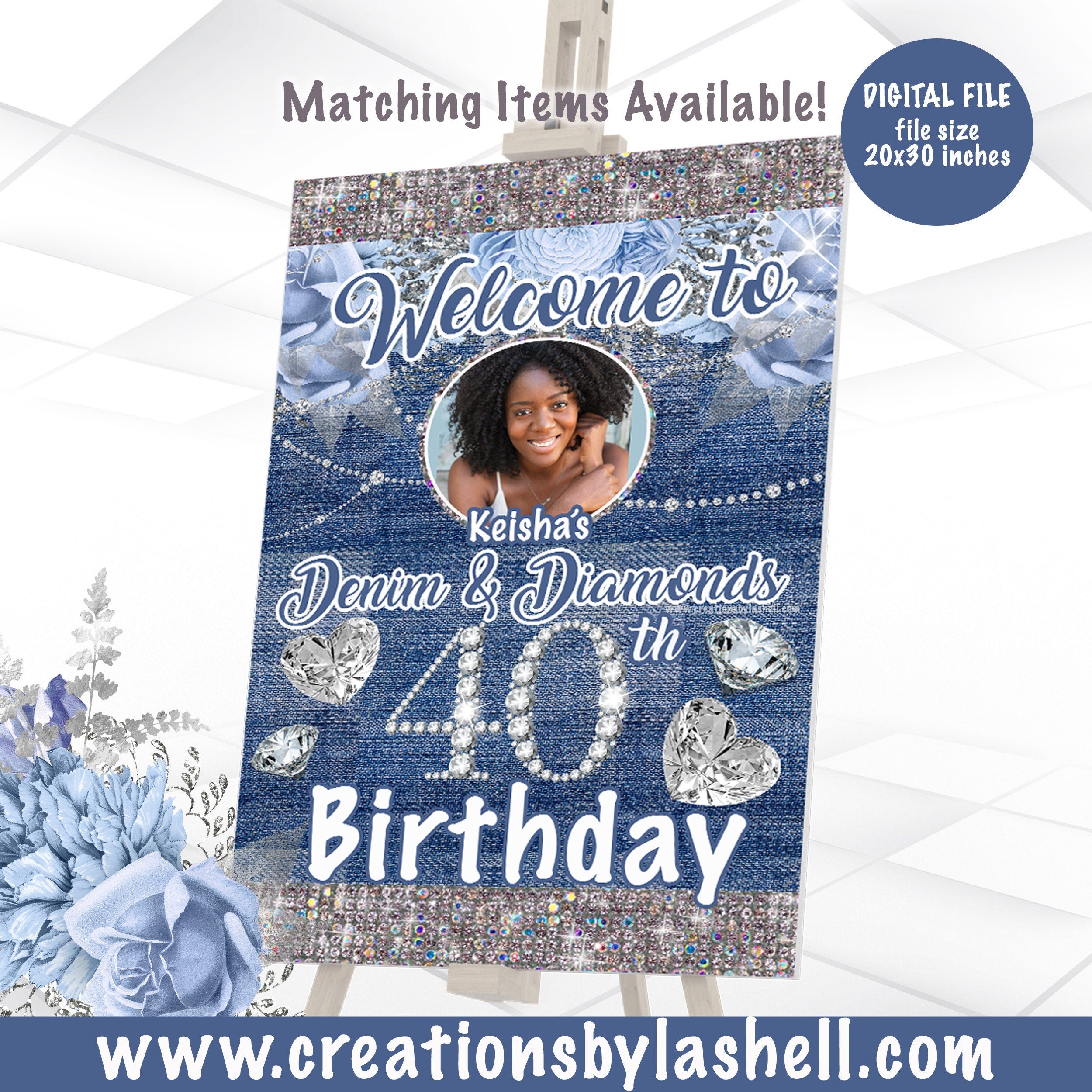 Denim & Diamonds Welcome Sign 20 x 30 inch Printable Denim and Diamond ...