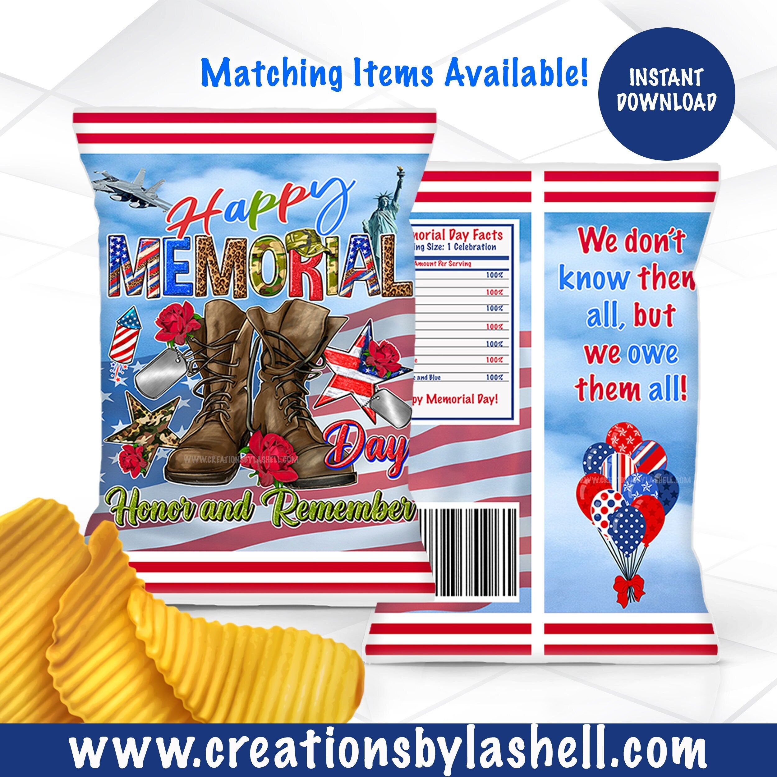 Memorial Day Chip Bag Instant Download Red White and Blue Chip bag Pri ...
